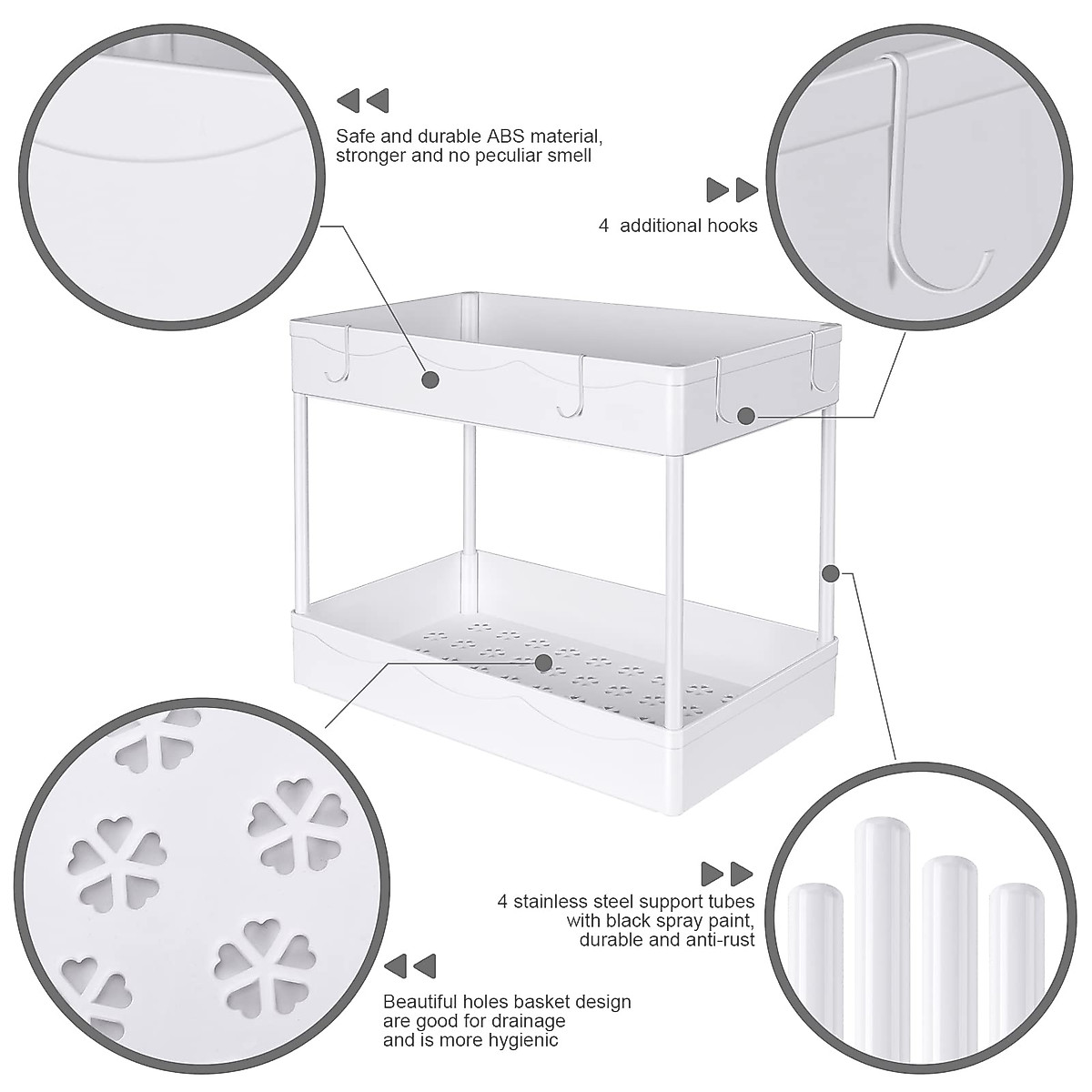 Under Sink Organizers and Storage,Under The Bathroom Sink Storage,2 Tier Under Sink Shelf with 4 Hooks,Bathroom and Kitchen Countertop Standing Rack,Under Sink Organizer for Bathroom Kitchen,White
