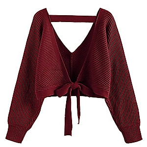 ZAFUL Women's V Neck Cropped Sweater Ribbed Knit Pullover Tops Sexy Drop Shoulder Jumpers C-red