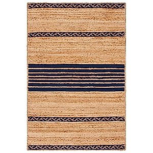 SAFAVIEH Natural Fiber Collection Accent Rug - 4' x 6', Natural & Navy, Handmade Stripe Boho Farmhouse Rustic Braided Jute, Ideal for High Traffic Areas in Entryway, Living Room, Bedroom (NFB262N)