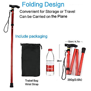 Walking Stick/Canes,Foldable, Collapsable Cane Hiking Pole Height Adjustable, Lightweight Anti-Slip for Travel Outdoor Hiking Help Balance for Men and Women Seniors(red)