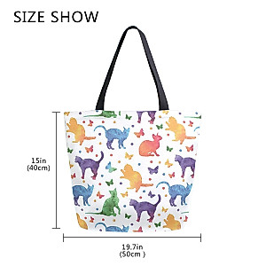 ALAZA Large Canvas Tote Bag Rainbow Cute Cat Butterflies Polka Dot Shopping Shoulder Handbag with Small Zippered Pocket