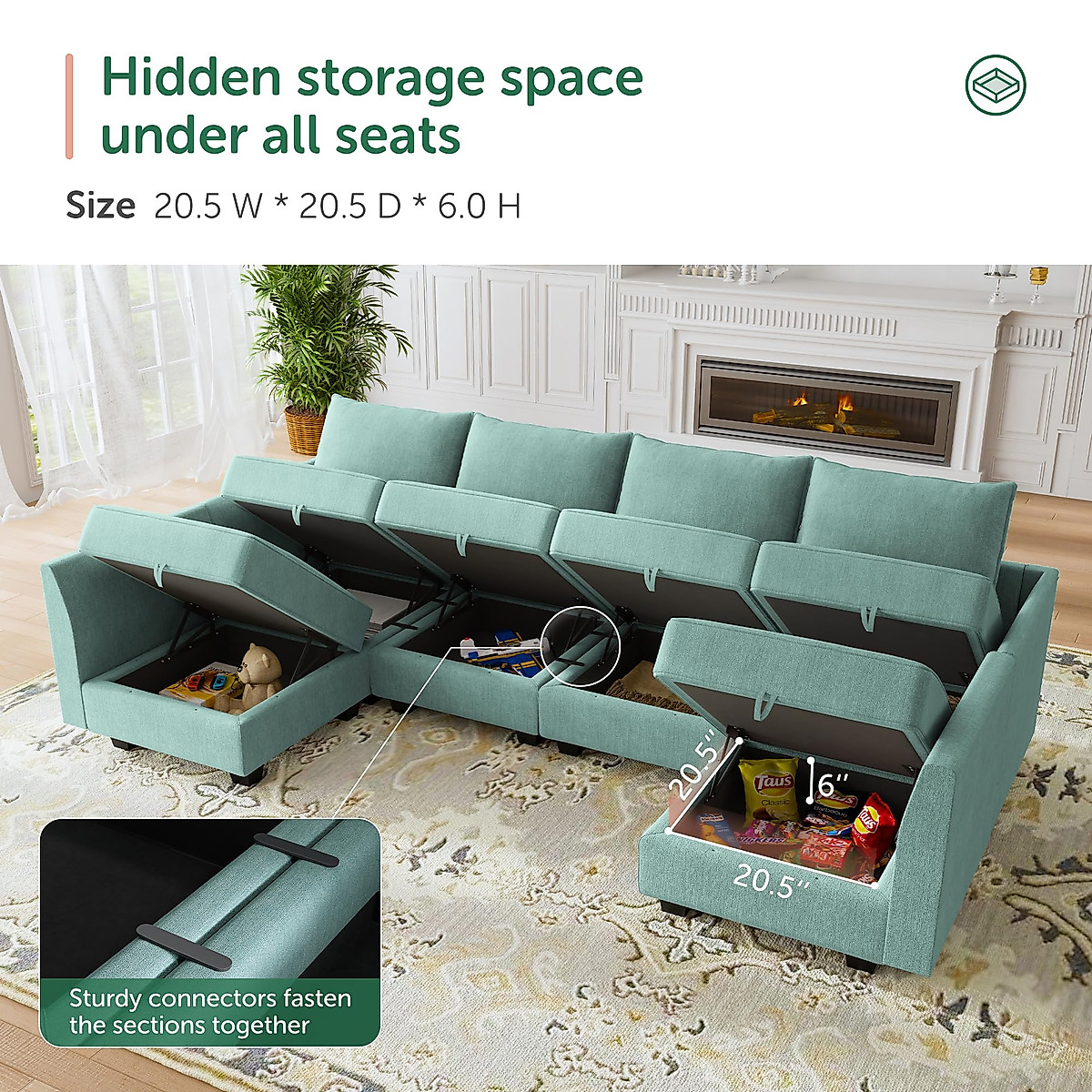 HONBAY Convertible Modular Sectional Sofa U Shaped Modular Couch with Storage Seat Modular Sofa Sectional Couch with Chaise, Aqua Blue