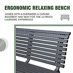 Soleil Jardin Outdoor Aluminum Garden Bench, Patio Porch Chair Furniture, Slatted Design w/Backrest, Dark Grey