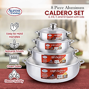 Alpine Cuisine Aluminum Caldero Stock Pot Set (2/3.5/7/13 Quart), Cosine Cooking Dutch Oven, Serve Large & Small Groups, Riveted Handles, Commercial Grade (8 Piece Set)