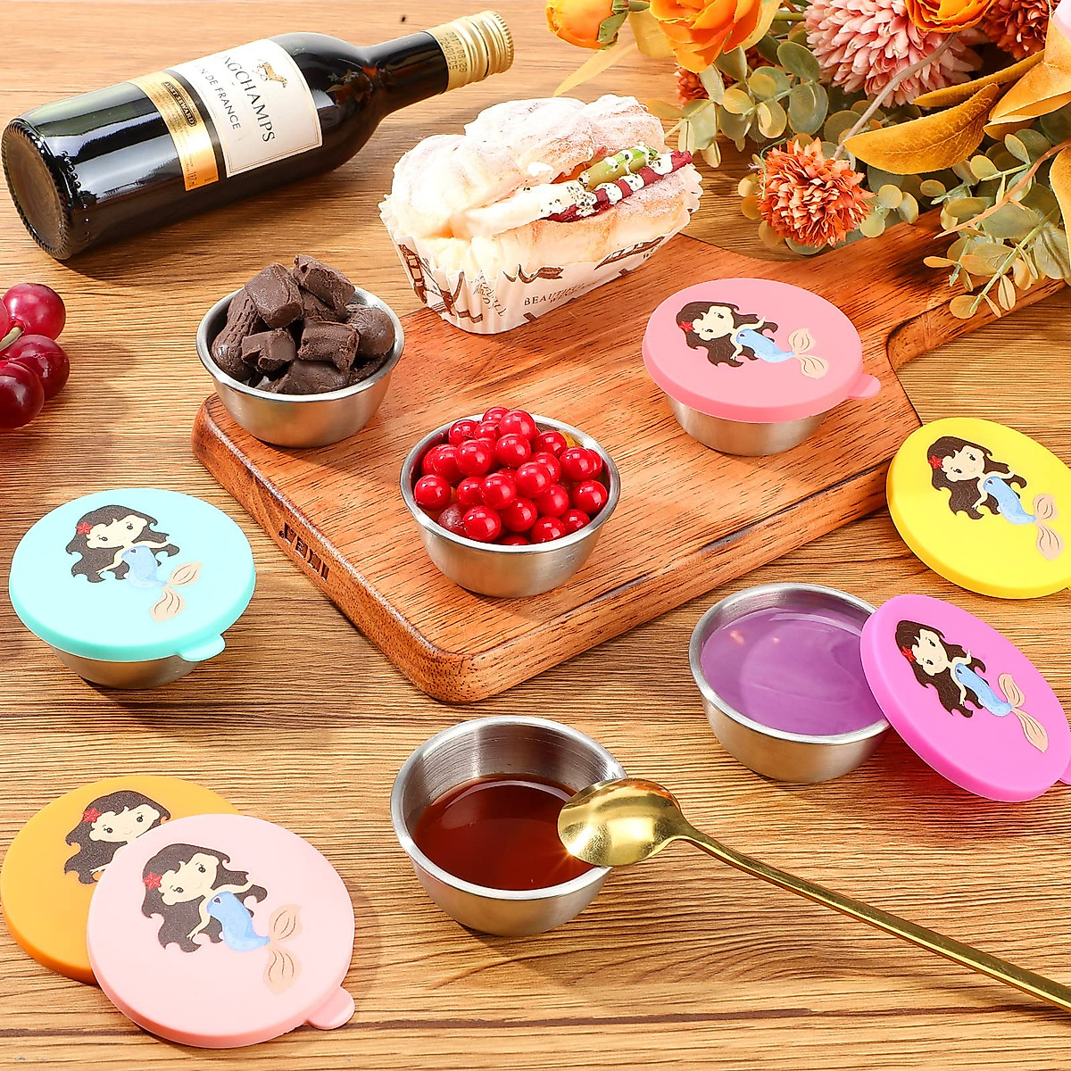 6 x 1.6 oz Salad Dressing Container to Go, Mermaid Stainless Steel Condiment Containers with Lids Reusable Small Containers with Lids Leak Proof Sauce Containers for Lunch Box Silicone Condiment Cups