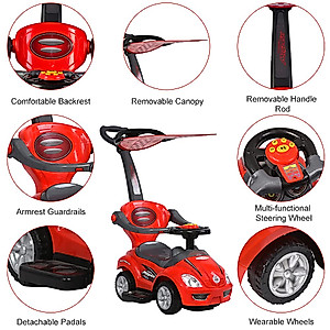 ChromeWheels 3 in 1 Ride on Toys Pushing Car with Removable Sun Visor, Mega Car for Toddlers w/Handle & Horn & Music, Color Red