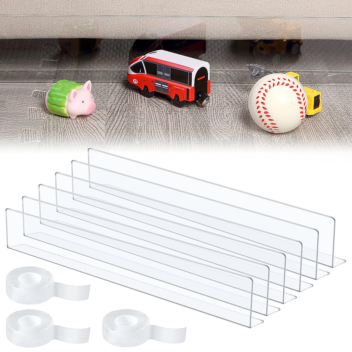 Soaoo 24 Pcs Clear Toy Blockers for Furniture 24'' L x 1.6'' W x 3.2'' H Under Bed Blocker Plastic Under Couch Blocker Couch Stoppers to Prevent Toys Pets from Getting Under Sofa Bed, Easy to Install