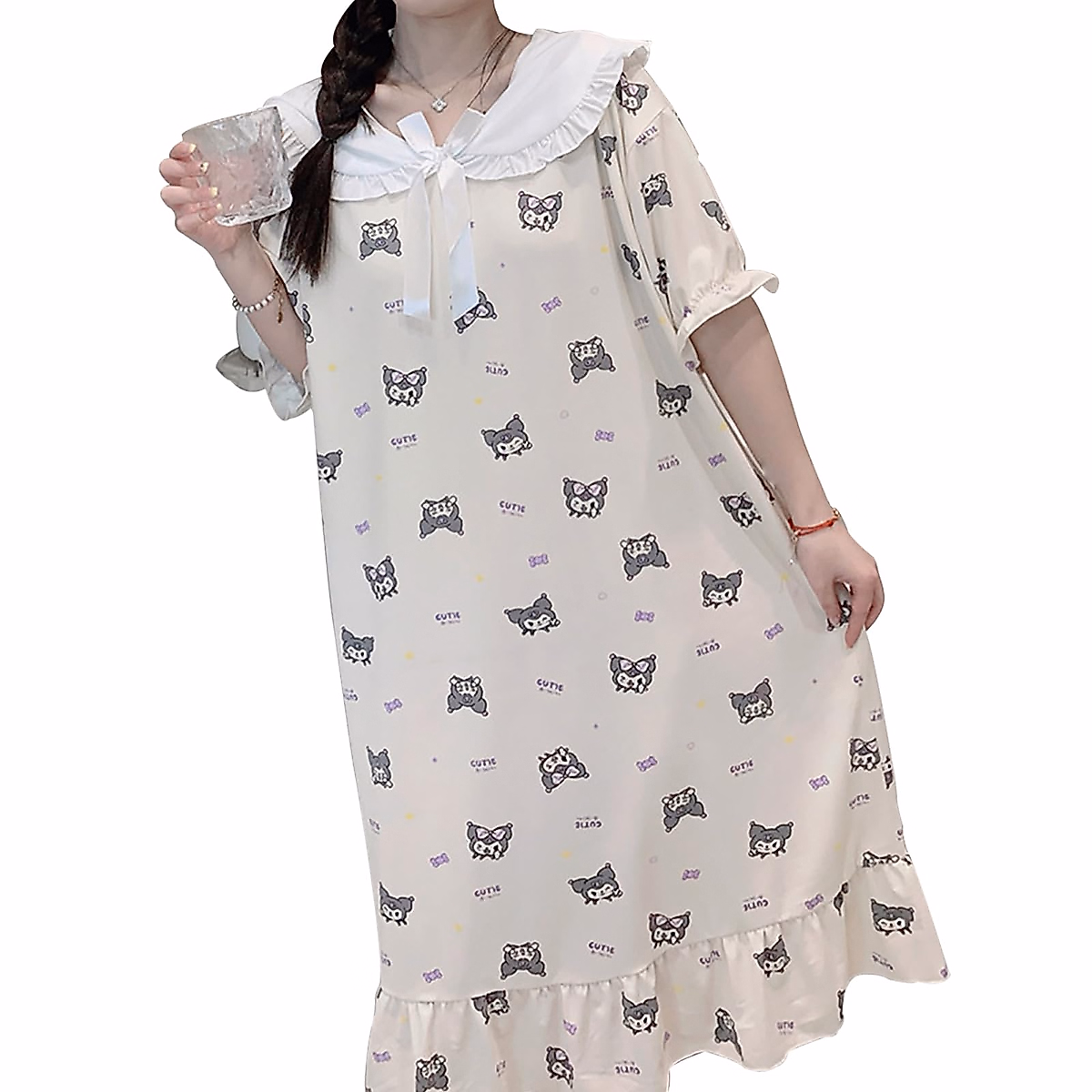 Kuromi Pajamas for Women Kawaii Kuromi Nightgown Pajamas Lightweight Sleep Dress Soft Kuromi Sleepwear Casual Pajamas for Women Girls (Beige, XXL)
