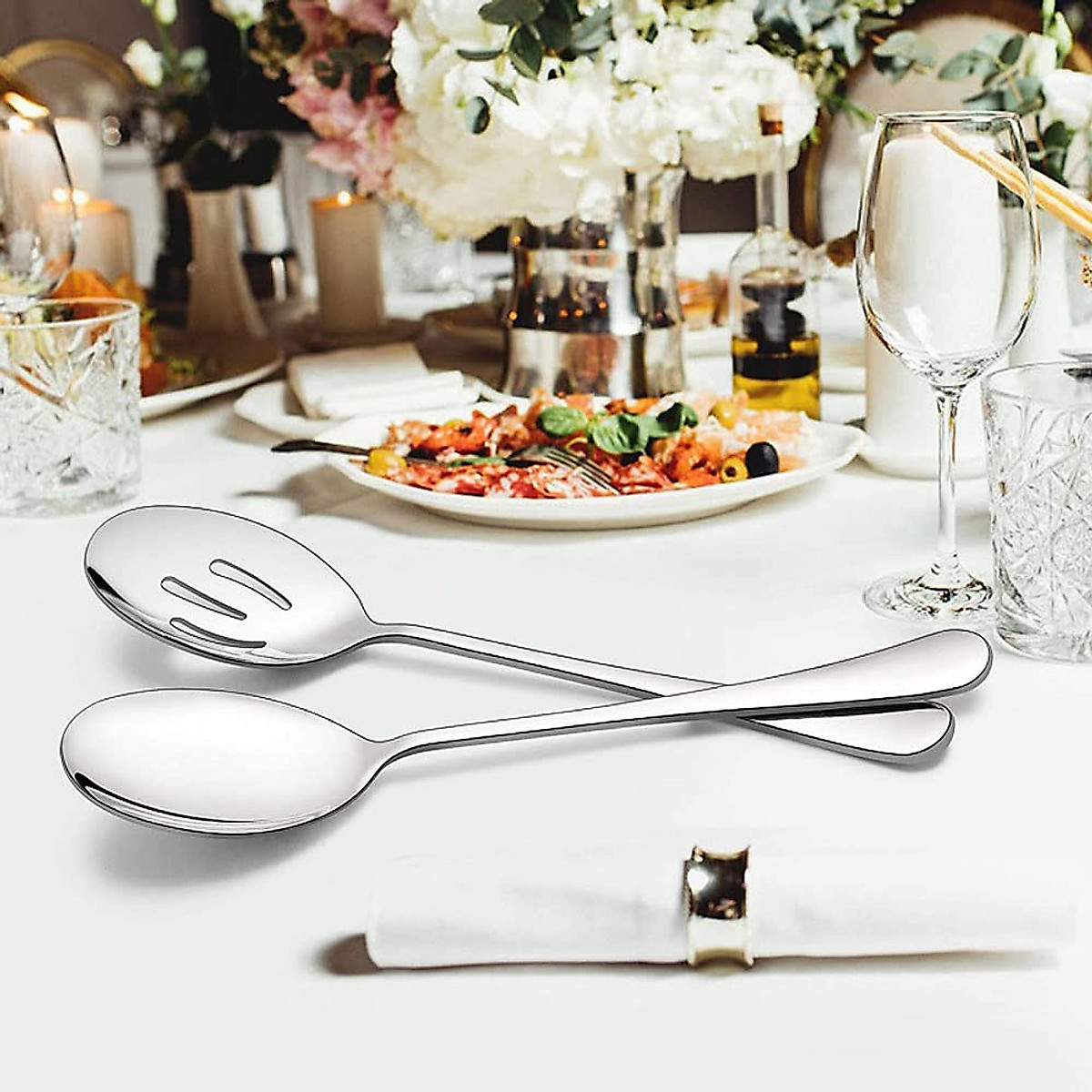 Serving Spoons Set, Oikejias 6 Pack Golden 8.7 Inches Buffet Serving Utensils 3 Mirror Polished Serving Spoons, 3 Slotted Spoons