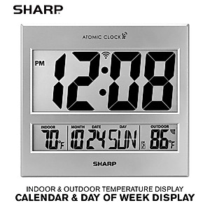 Sharp Atomic Clock - Atomic Accuracy - Never Needs Setting! -Silver Tech Style - Jumbo 3" Easy to Read Numbers - Indoor/Outdoor Temperature Display with Wireless Outdoor Sensor - Easy Set-Up!