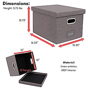 Internet's Best Collapsible File Box Storage Organizer with Lid - Decorative Linen Filing & Storage Office Boxes – Hanging Letter/Legal Folder – Home Office Bins Cabinet – Grey Container - 1 Pack