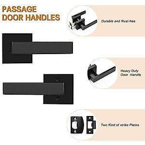 Probrico 4 Pack| Square Passage Levers Matt Black Hall and Closet Door Handles, Heavy Duty Interior Keyless Non-Locking Levers, Rectangular Handle for Right/Left Handed Doors