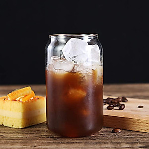 16 oz Glass Cups With Bamboo Lids And Glass Straw And Brush to clean -Beer Can Shaped Drinking Glasses, Iced Coffee Glasses, Cute Tumbler Cup for Smoothie, Boba Tea, Whiskey, Water