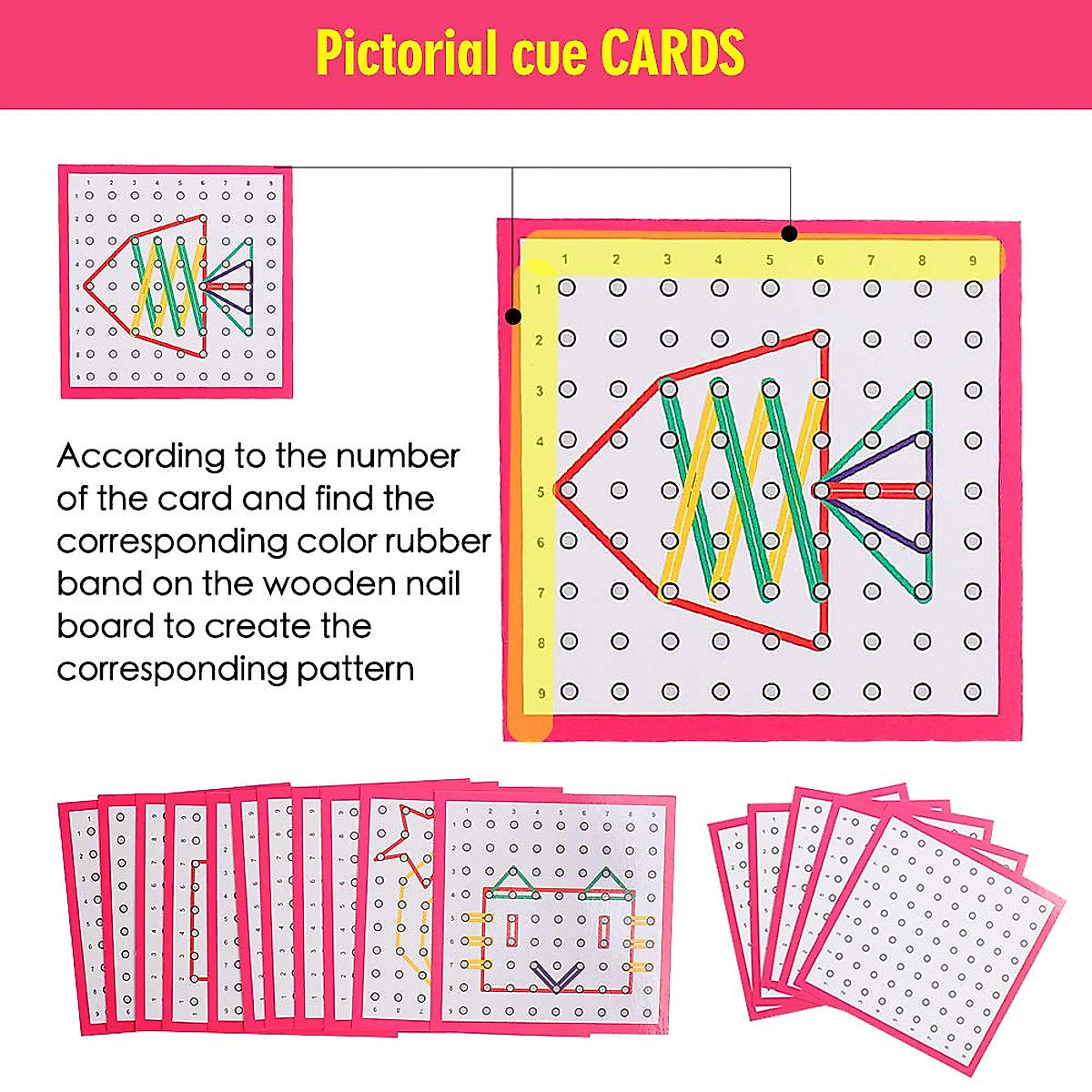 Skrtuan Wooden Geoboard with Rubber Bands, Montessori Educational Toy for Kids, Pattern Block Geo Board with Pattern Cards and Rubber Bands Create to Figures Shape STEM Puzzle Matrix Brain Teaser