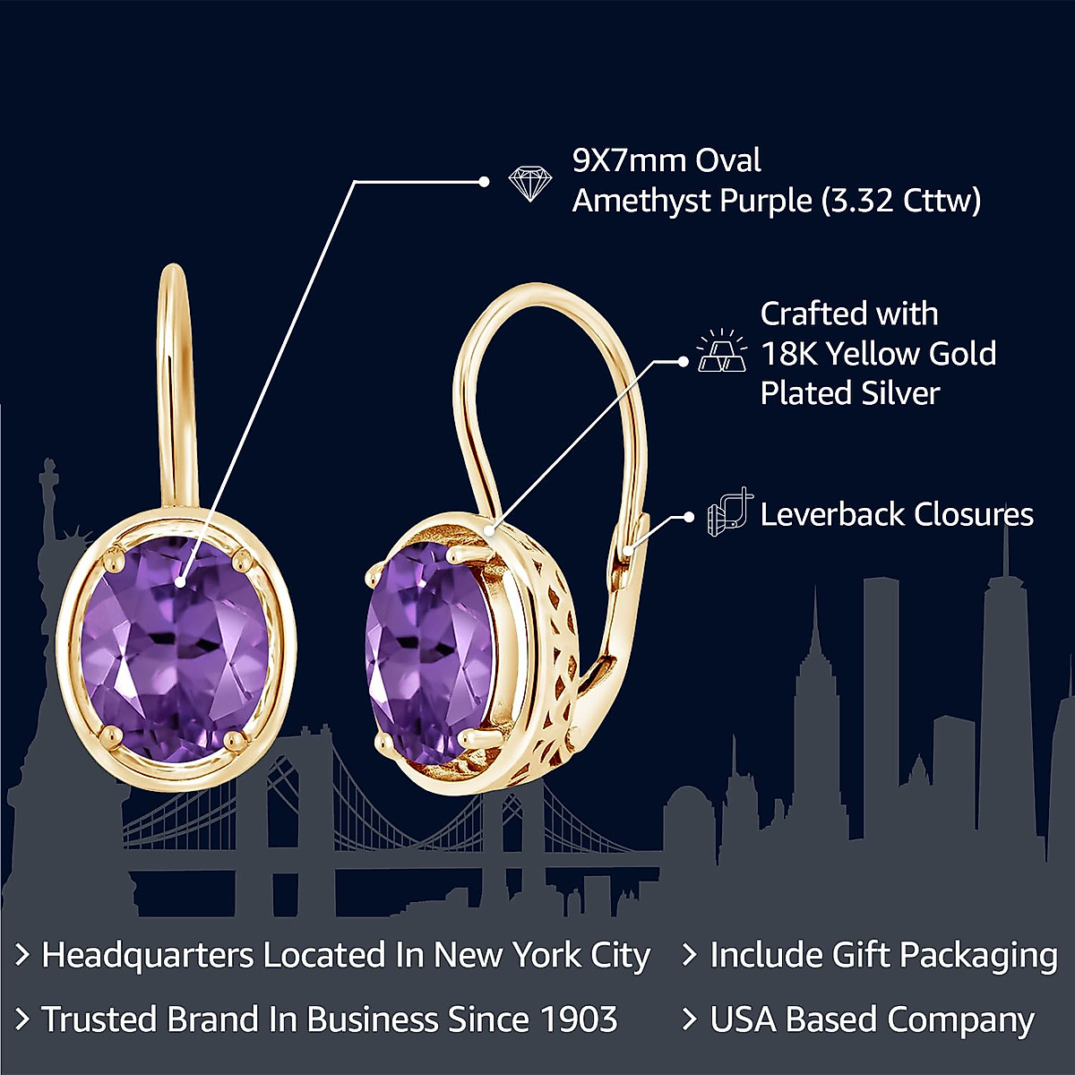 Gem Stone King 18K Yellow Gold Plated Silver Purple Amethyst Earrings | 3.32 Cttw | Oval Dangle Earrings For Women | Gemstone Birthstone | Oval 9X7MM