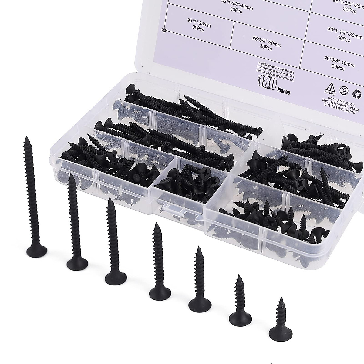 LTYLL,ITYII 180 PCS #6 Quality Carbon Steel Philips self-Tapping Screws with fine Thread and countersunk Head, a Set of 7 Different Wood Screws, Suitable for Dry Wall