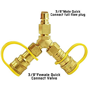 MENSI 10FT 3/8 Propane Quick Connect Y Splitter Adapter with 3/8" Quick Connect Natural Gas Connection Hose with Quick Plug and 3/8" Female Flare Fittings