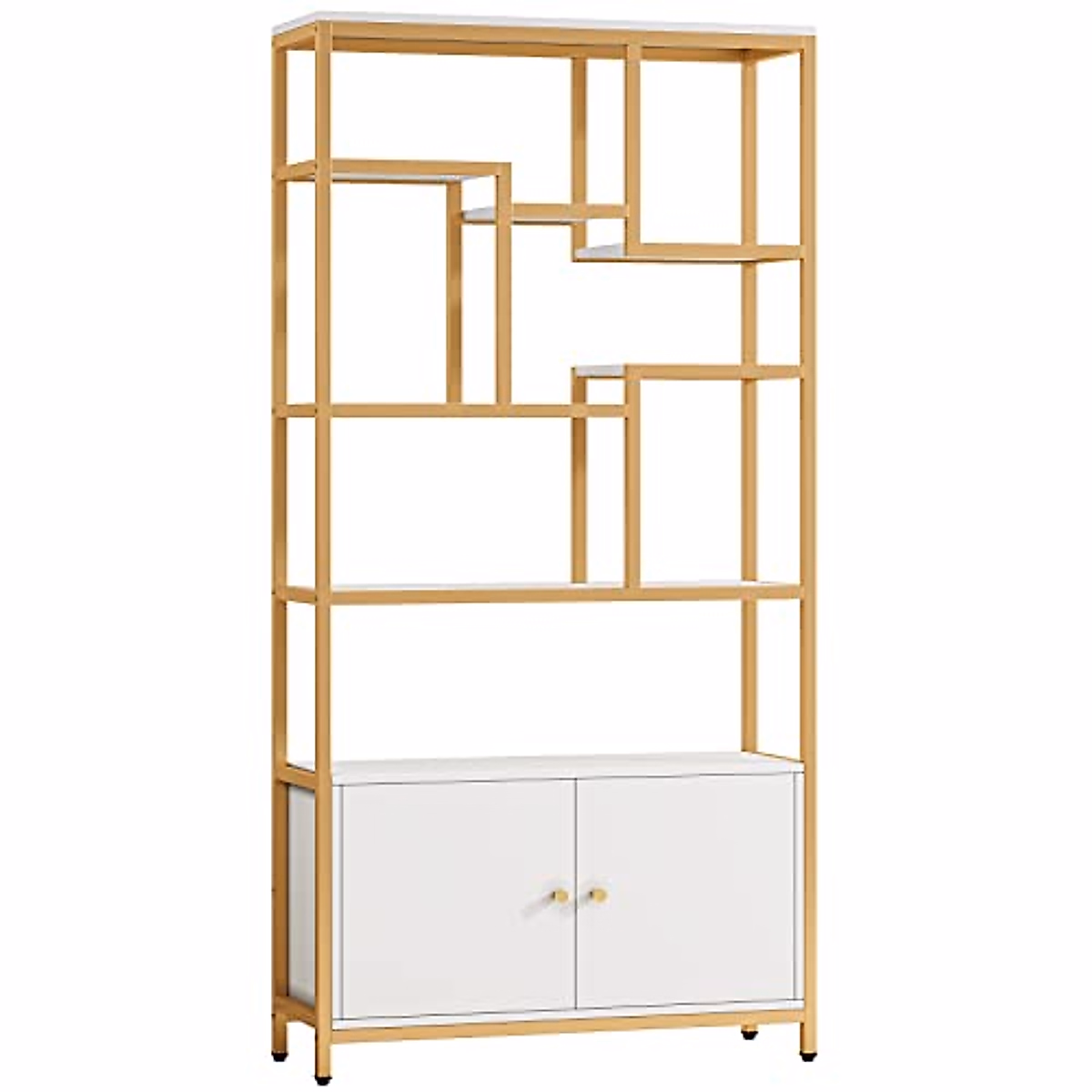 Tribesigns White Gold Bookshelf Bookcase with Doors 74 Inches Tall Bookshelf, Modern Gold Bookshelf 6 Tier Display Shelf Etagere Bookcase Narrow Metal Bookshelf for Living Room, Bedroom, Office