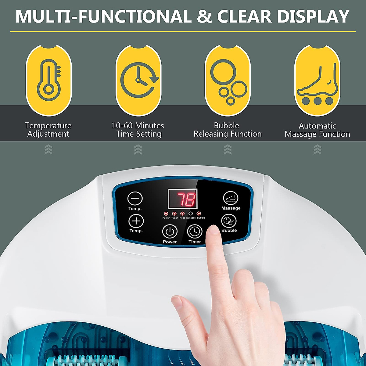 COSTWAY Foot Spa/Bath Massager, with Heat & Bubbles & 6 Electric Massage Rollers, Circulating Heating System, Temperature & Time Control, Foot Tub Soaking for Fatigue Release, Home Use (Blue)