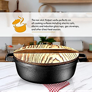 Bruntmor Pre-Seasoned 2-In-1 Cast Iron Big Pot With Lightweight Wooden Lid. Non-Stick Round Skillet Wok. Round Bottom Wok Pan With Lid For Shabu Shabu Hot Pot. 5 Quart, Black