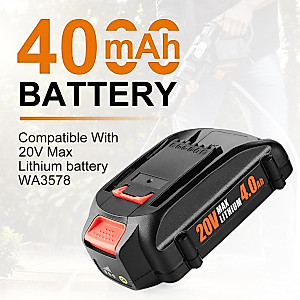 Ahomtikk 2 Packs 20V 4.0Ah Lithium Battery Replacement for Worx 20 Volt Batteries WA3525 WA3578 WA3575 WA3520 Compatible with Worx 20V Cordless Power Tools Battery Charger