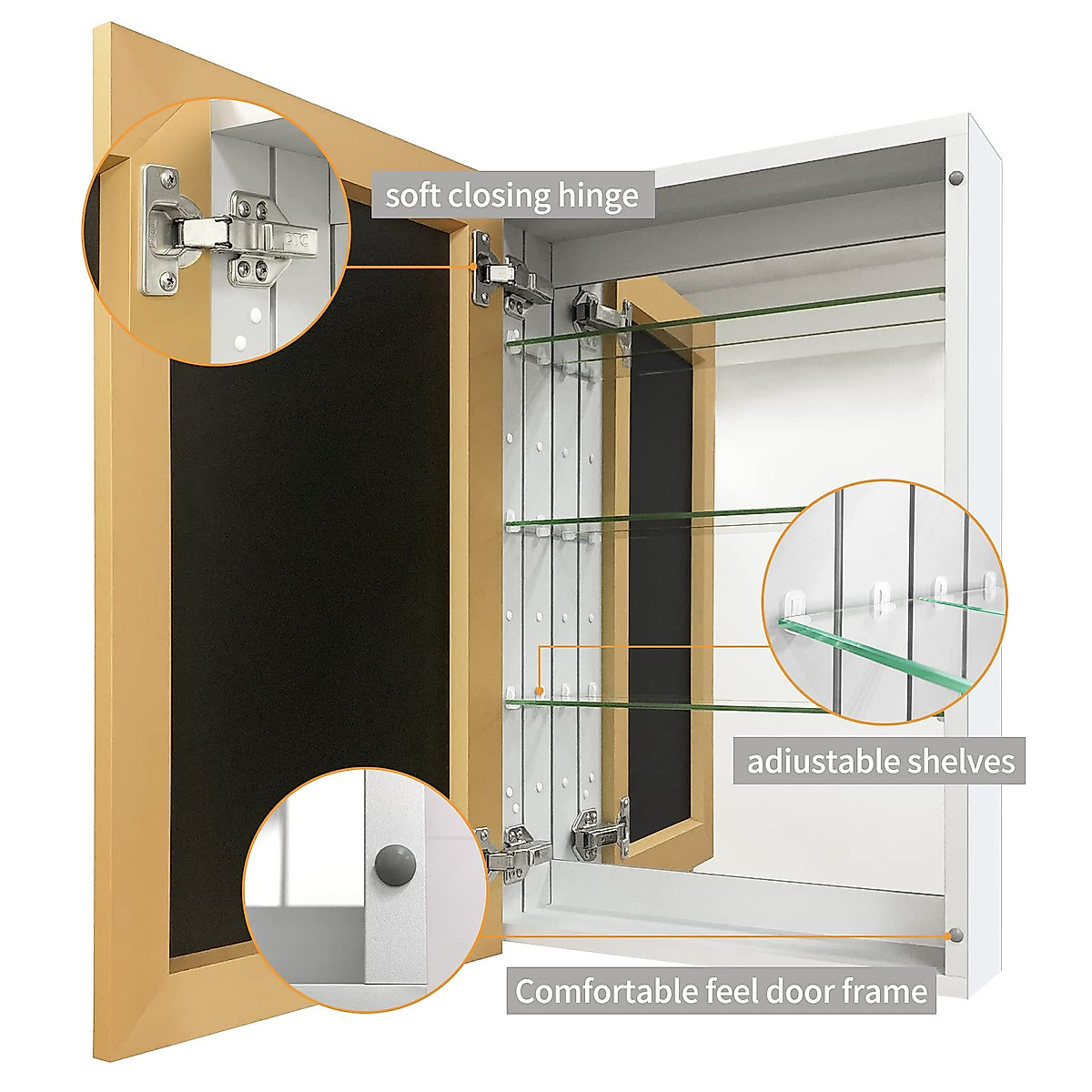 FOMAYKO Bathroom Medicine Cabinet with Farmhouse Black Aluminium Alloy Framed 26(H) x 16(W) Inches Bathroom Cabinet Recess or Surface Mount Mirror Cabinet for Bathroom Toilet Kitchen