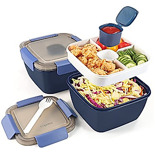 Caperci Salad Container for Lunch To Go - 2-Pack 52 oz Salad Bowls Bento Lunch Box Container with 4-Compartment Tray, 2-oz Sauce Container, Reusable Spork & BPA-Free (Navy & Navy)
