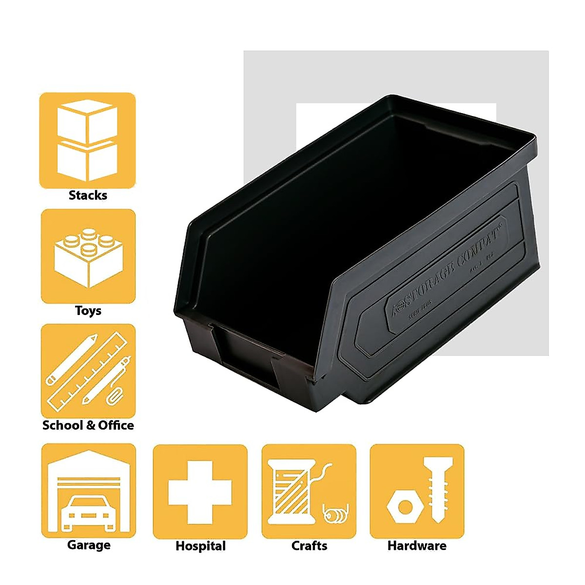50 Pack Small Storage Bin, Wall Mount Storage, Hanging and Stacking Bin, Freestanding | 7” x 4” x 3” Plastic Container | Black | Zeus 1PLZ06 | StorageCompat