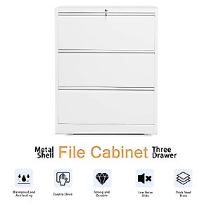Aobabo Heavy Duty Steel 3 Drawer Anti Tilt Locking Lateral File Cabinet with 2 Keys for Office and Home Letter and Legal Size File Storage, White