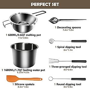 Artcome Double Boiler Melting Pot Set - 600ML/0.6QT Chocolate Melting Pot, 1600ML/1.7QT Stainless Steel Pot, Decorating Spoons, Silicone Spatula and Dipping Tool for Melting Chocolate, Candy, Soap