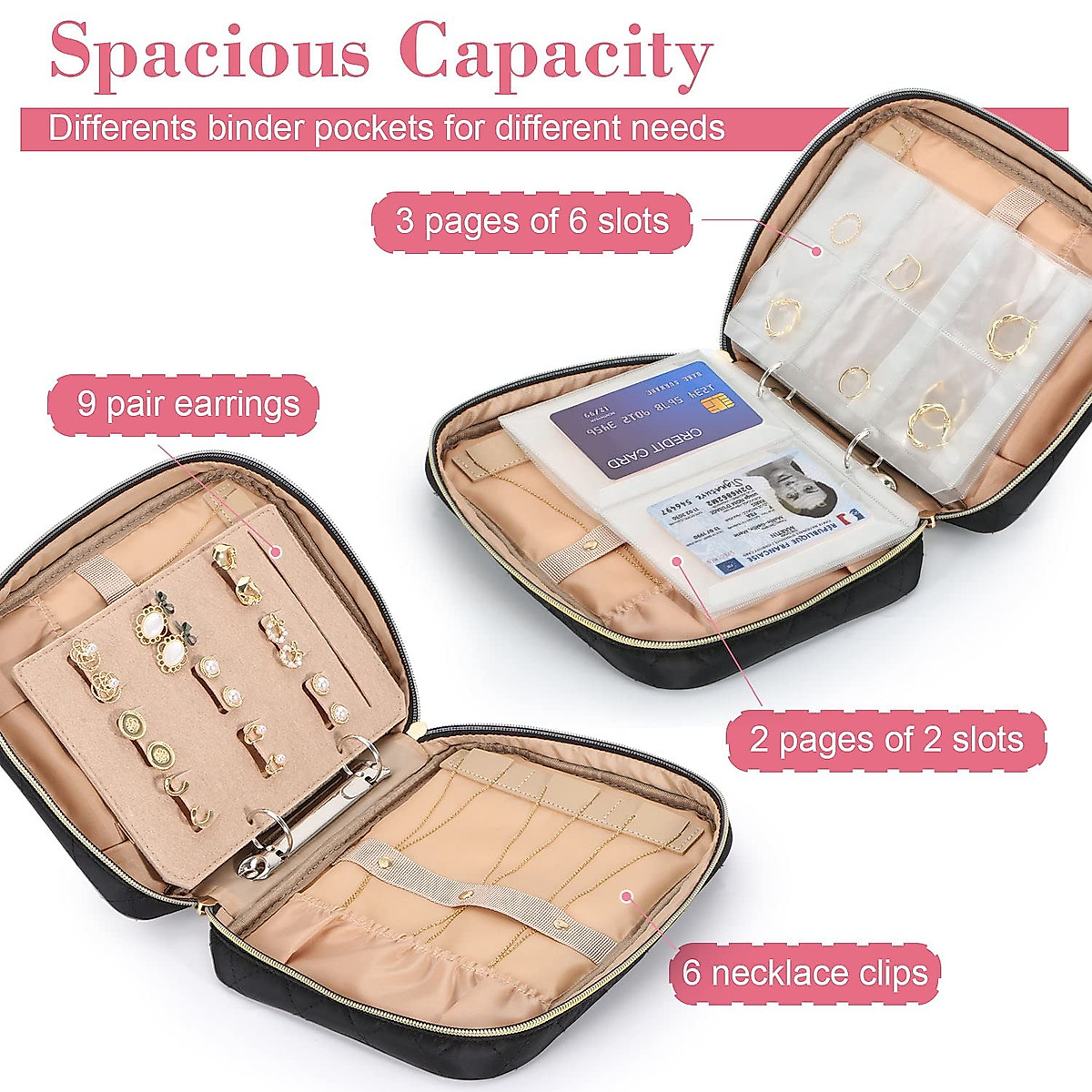 Jewelry Travel Organizer Case, Clear Jewelry Storage Book Ring Binder with Pockets, Lightweight Jewelry Bags Booklet Small Zipper Pouch Bag for Necklaces Earrings Rings Bracelets, Black