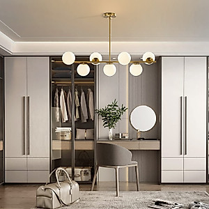 KCO Lighting Modern Brass Linear Chandelier Pendant Light 7-Lights Gold and White Glass Pendant Lighting Mid Century Globe Dining Light Fixture for Living Room Kitchen