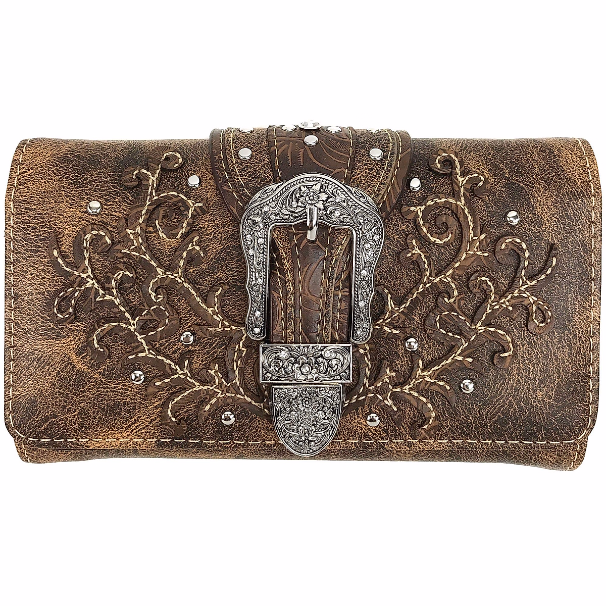 Zelris Western Country Floral Buckle Crossbody Trifold Fold Wallet (Brown)