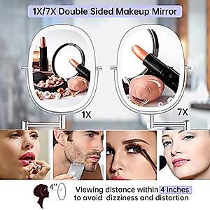 FUNTOUCH Rechargeable Lighted Wall Mounted Makeup Mirror, Double Sided 1X/7X Magnifying Mirror, 3 Lights Option Dimmable, Extension Foldable Arm, Oval Wall Mounted Mirror for Bathroom