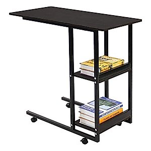 Desk Movable Office with Wheels Two Shelves Wood Sofa Side Table Slide | Black