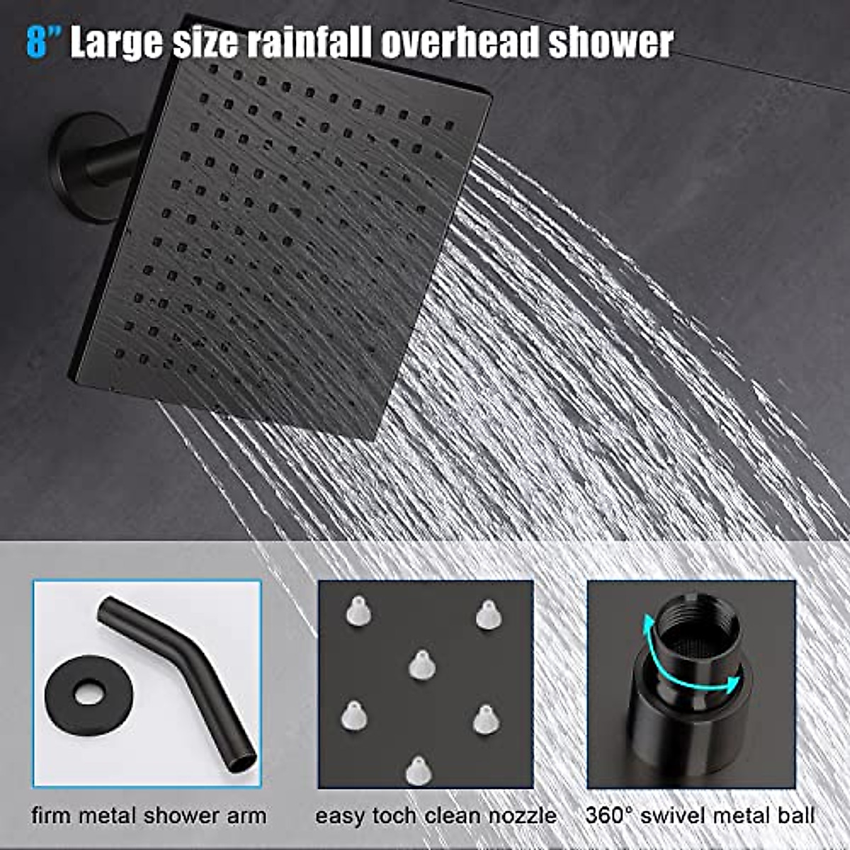 SUNZOE Shower Faucet Set with Tub Spout Matte Black Anti-Scald Pressure Balanced Bathtub Shower Faucet Set 8 Inch Shower Head Wall Mounted Rainfall Shower System Rough-in Valve Body Included