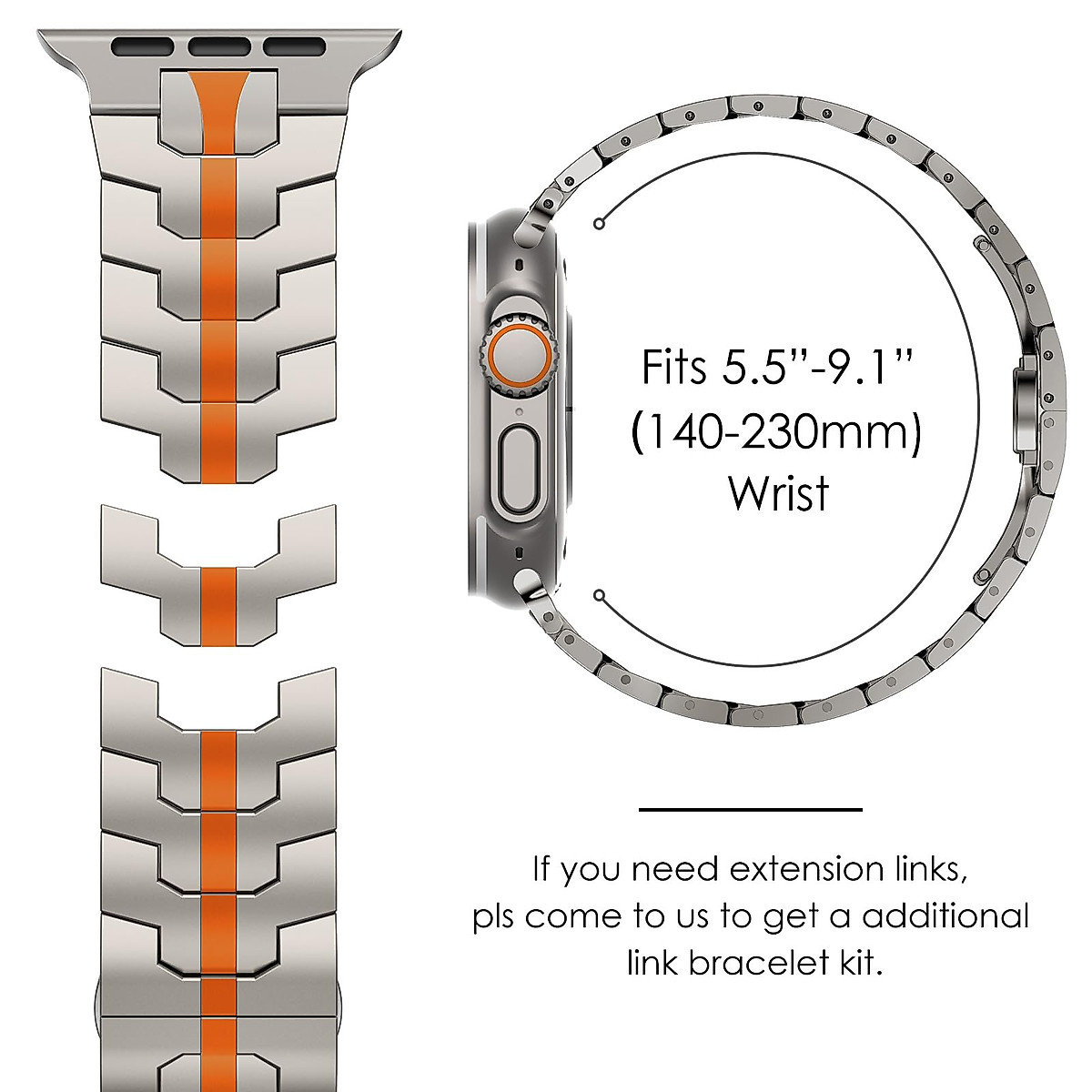 CHANCHY Stainless Steel Band for Apple Watch Ultra 2 Band 49mm 46mm 45mm 44mm, Metal Strap with Folding Clasp for Apple Watch Series 10 9 8 7 6 5 4 3 2 1 Ultra Ultra 2 for Men (49mm, Titanium/Orange)