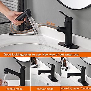 LAZ HOME Bathroom Sink Faucet with Pull Out Sprayer,Brass Single Handle Black Bathroom Basin Faucet with Bathroom Sink Drain Detachable Strainer Basket