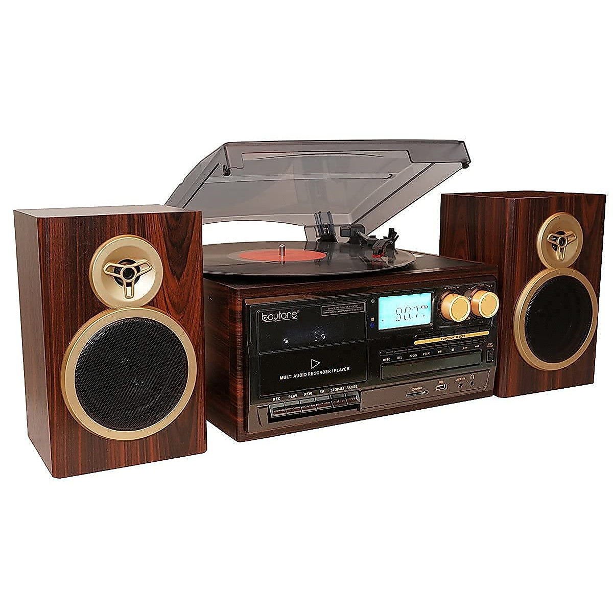 Boytone BT-28SPM, Bluetooth Classic Style Record Player Turntable with AM/FM Radio, CD / Cassette Player, 2 Separate Stereo Speakers
