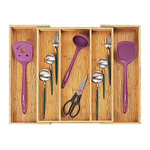 Utoplike In-drawer Knife Block Bamboo Kitchen 16 Knifes Drawer Organizer and Flatware Expandable Cutlery Organizer Tray Set