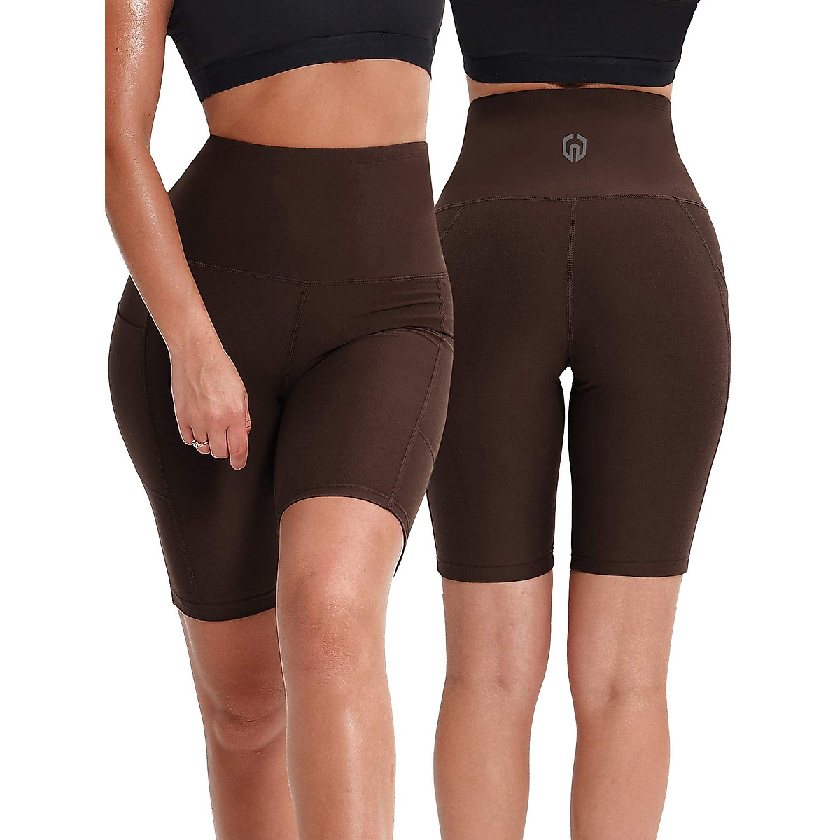 NELEUS Women's 3 Pack Biker Shorts High Waist Running Yoga Shorts with Pockets,3 Pack,Black/Grey/Coffee,US M,EU L