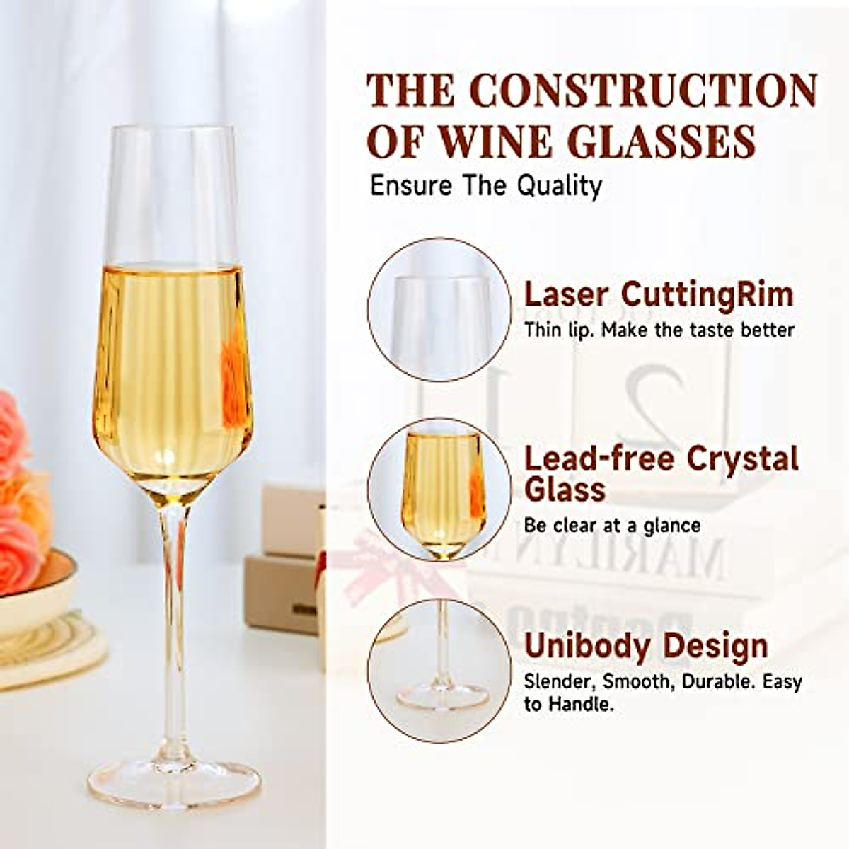 RorAem Champagne Flutes - Hand Blown Champagne Flutes Set of 4 Modern Champagne Glasses Crystal Champagne Flute Gifts for Wedding Birthday Party 8oz