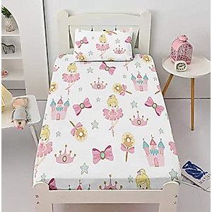 Jeyfull Pink Princess Fitted Sheet Set for Kids Girls Teens Donut Dancing Castle Crown Bed Sheet Queen Size 3D Print Dreaming Style Sheet Set 3 Piece