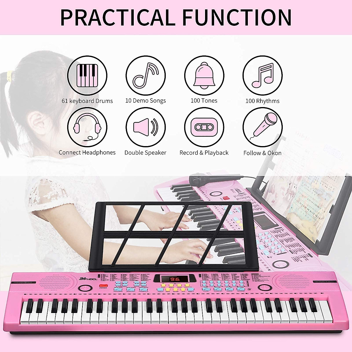 24HOCL 61 Keys Keyboard Piano, Kids Piano Keyboard with UL Adapter, Stand, Built-In Speaker, Mic, Portable Electronic Keyboard for Boys, Girls, Beginners Birthday Holidays Best Gifts