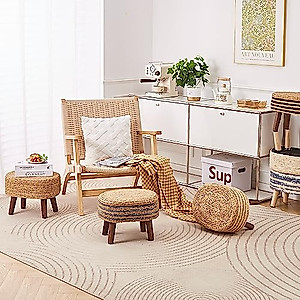 Cpintltr Pouf Ottoman Natural Water Hyacinth Footrest Pouffe Hand Weave Seagrass Boho Ottomans Footstool with Non-Skid Pine Legs for Bedroom Living Room Patio White