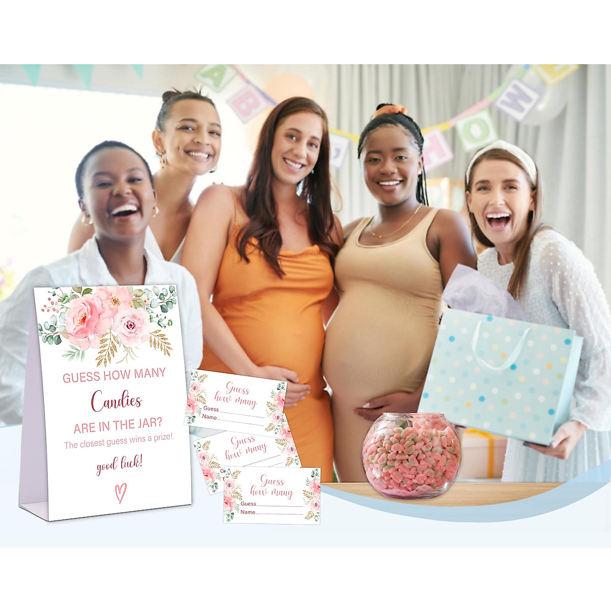 Blush Pink Floral Baby Shower Game, Guess How Many Candies Are in the Jar, Pack of 1 Sign and 50 Guessing Cards, Baby Shower Decoration, Gender Neutral - 02