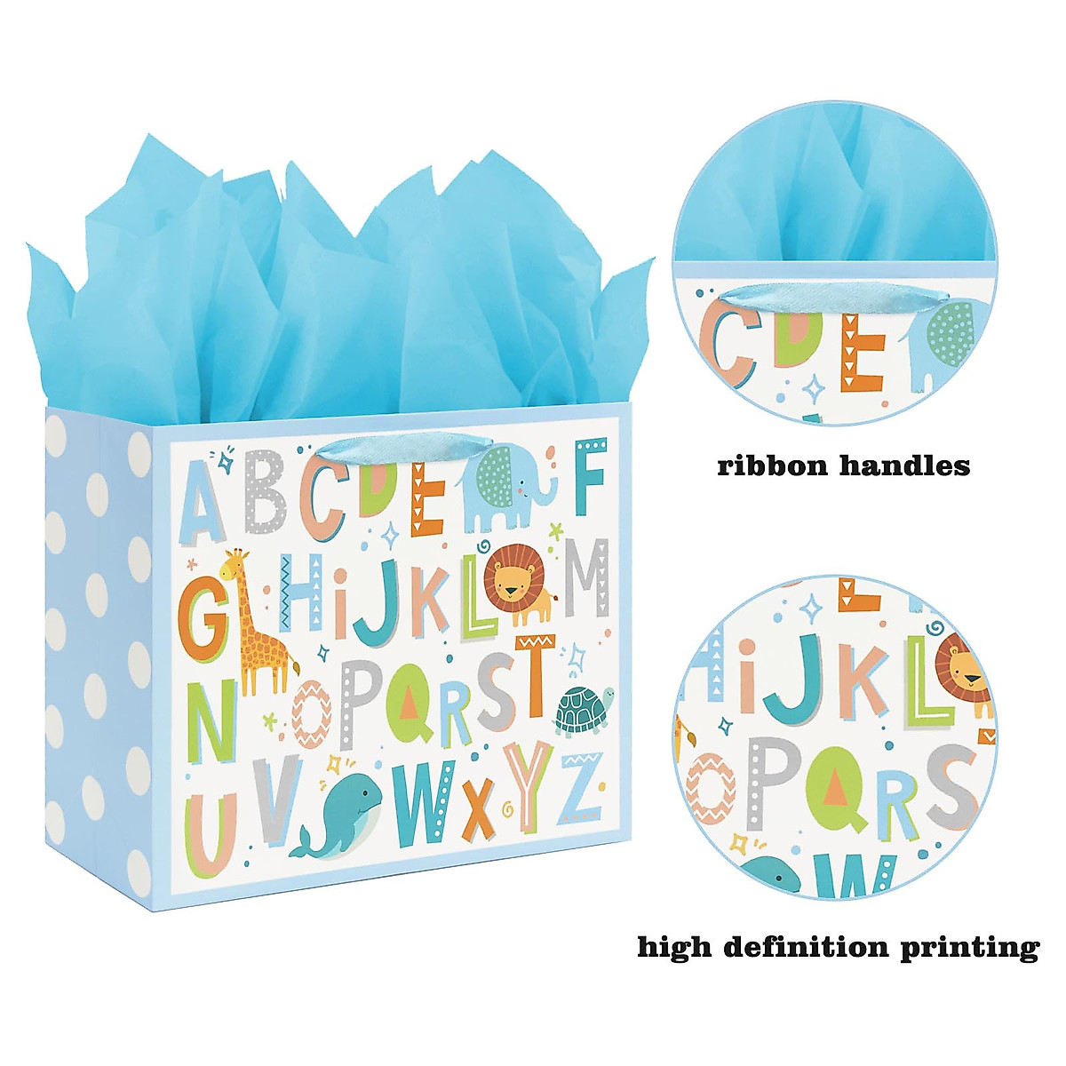 13" Large Baby Boy Gift Bag with Tissue Paper and Greeting Card for Baby Shower Birthday (ABC Alphabet Animal)
