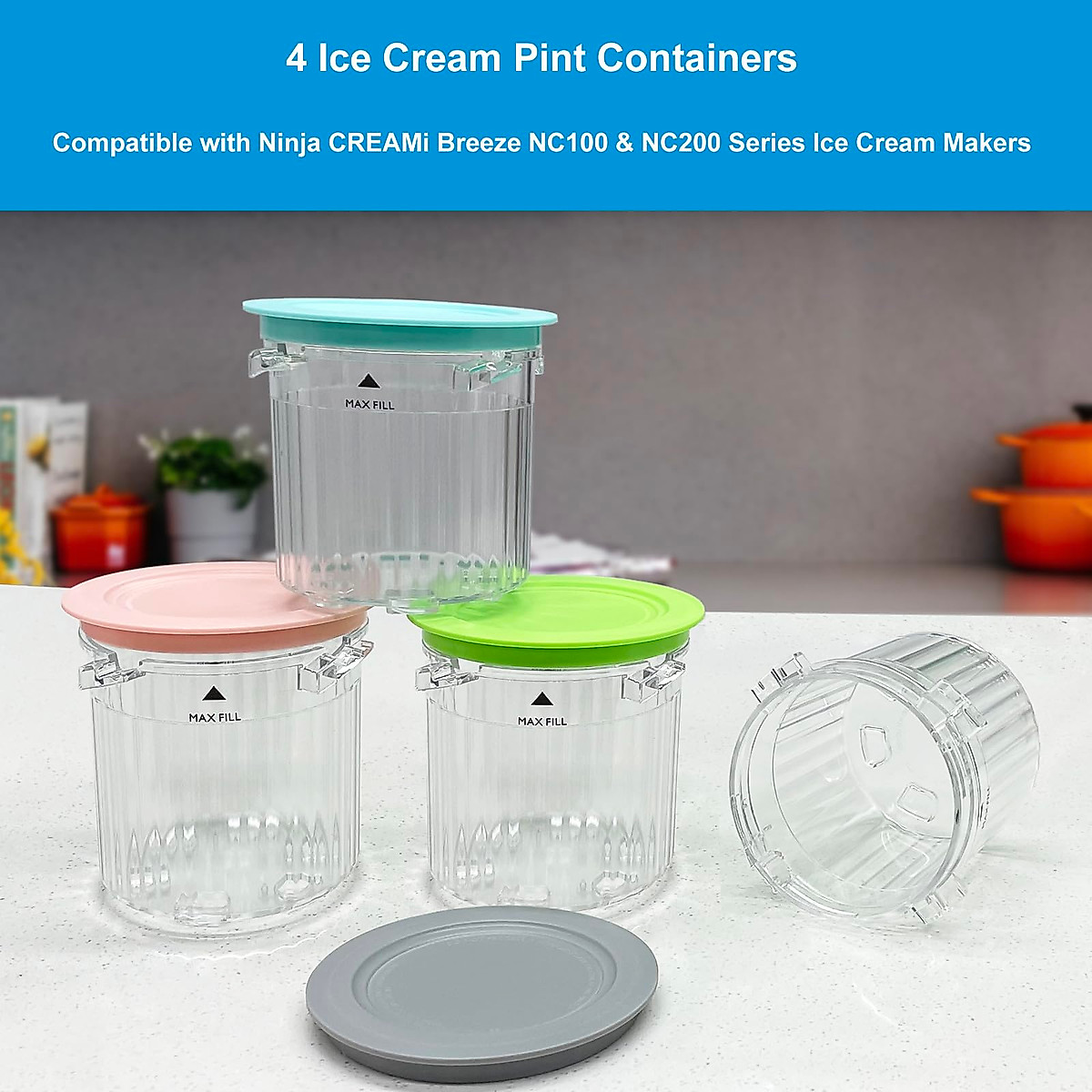 CUTIECLUB Pack of 4 Ice Cream Pint Containers and Lids for Ninja CREAMi Breeze NC100 & NC200 Series CREAMi Ice Cream Makers, Replacement Cups BPA-Free & Dishwasher Safe