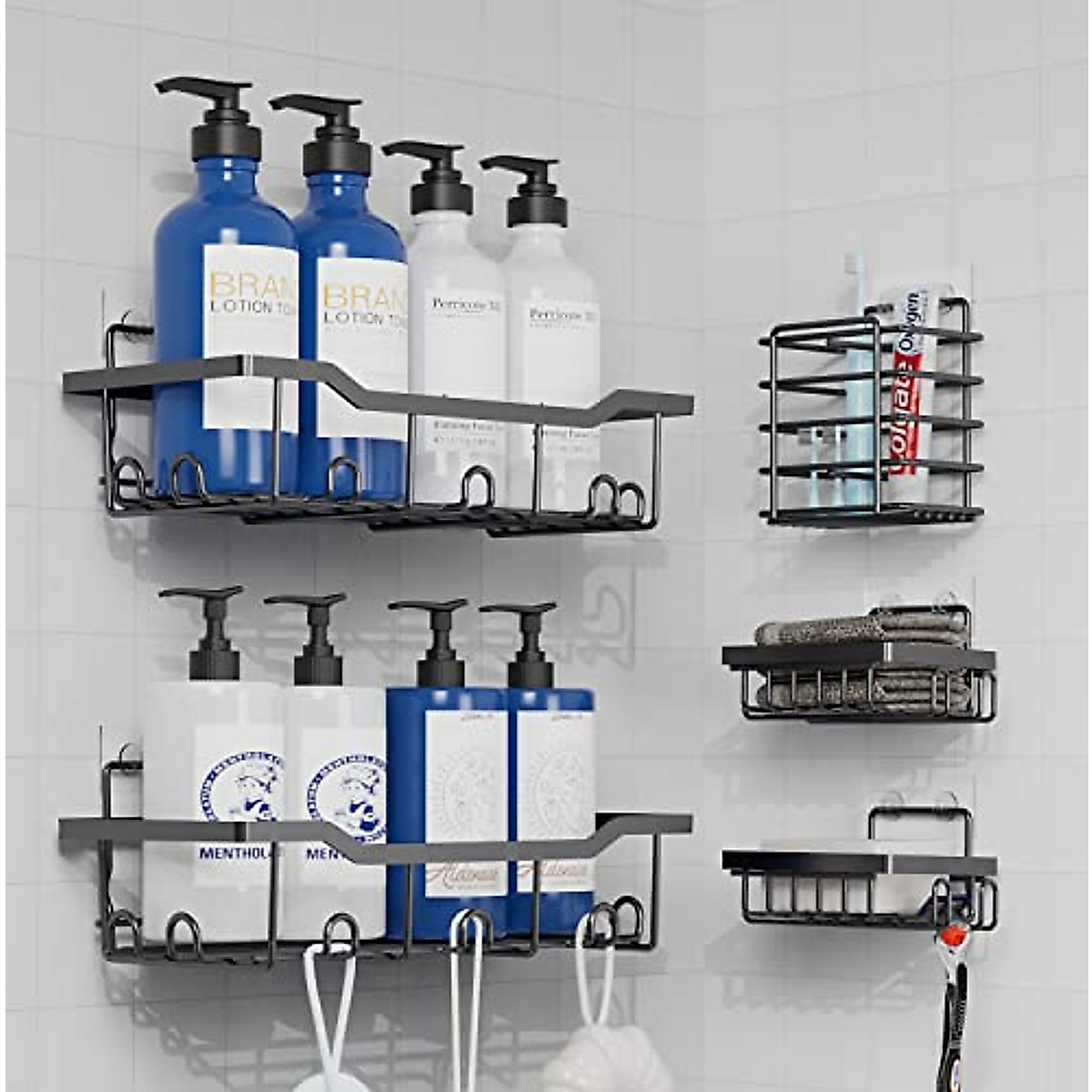 Super Strong Adhesive Shower Shelves for Inside Shower, Sturdy 3 mm Thickness Wire Shower Caddy with 7 Hooks, No Drilling Wall Mount Bathroom Organizer, Stainless Steel, Large Capacity, 5 Pack, Black