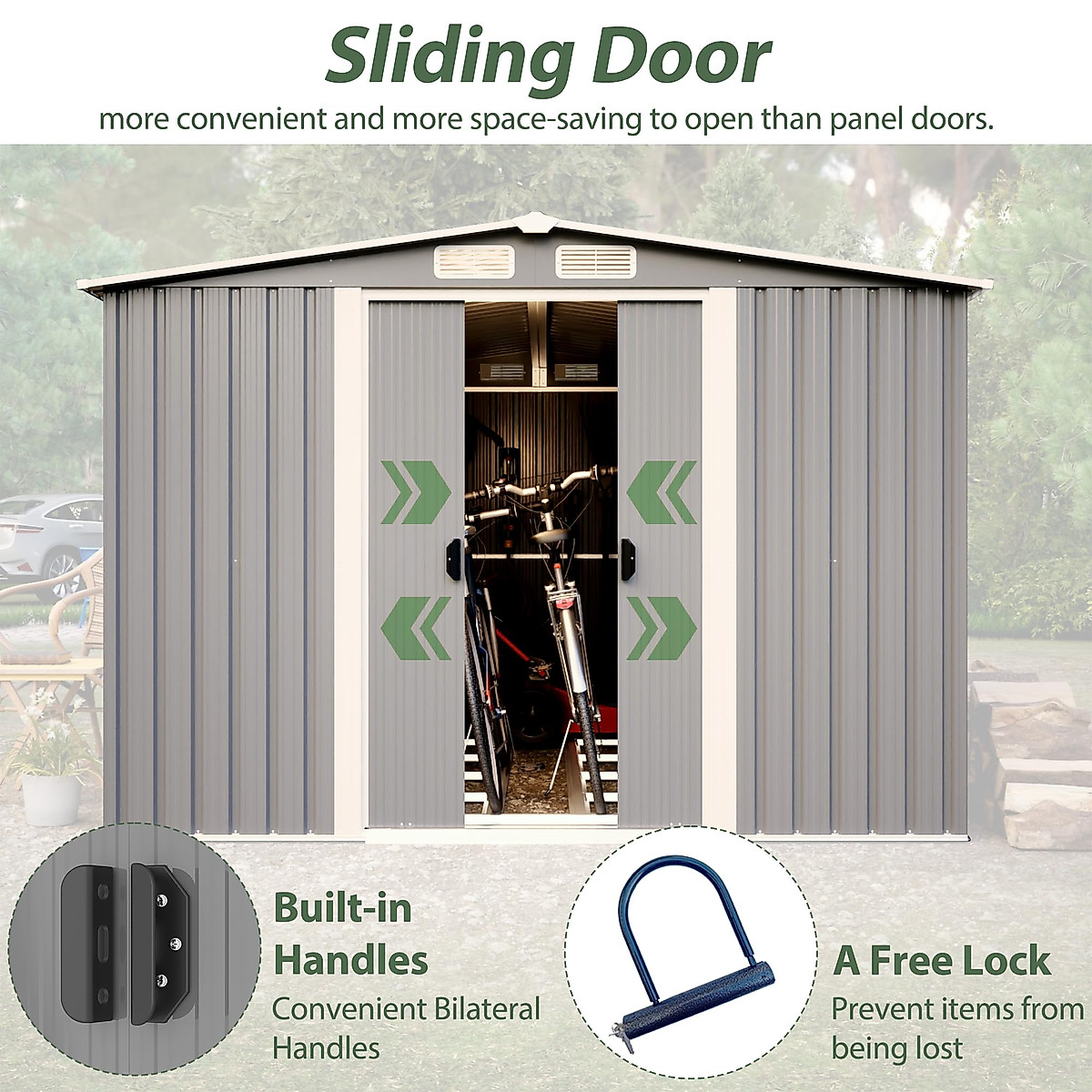 EMKK 10x8 FT Outdoor Storage Shed, Galvanized Steel Metal Garden Shed with Double Sliding Lockable Door, Floor Frame, Vents, Waterproof Tool Shed for Backyard, Lawn, Patio, Teak